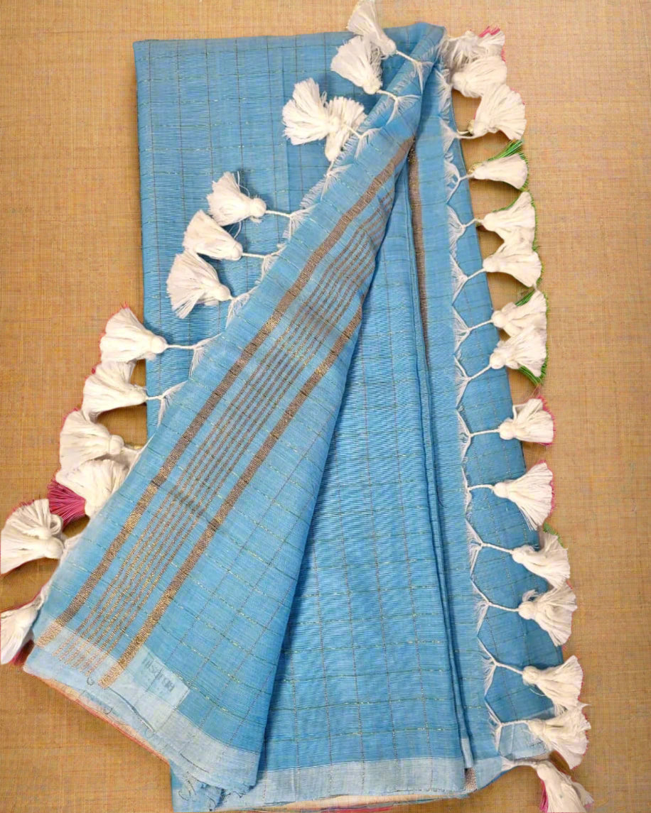 Blue Nidhi Mul Saree(checks) – Nisarga sarees